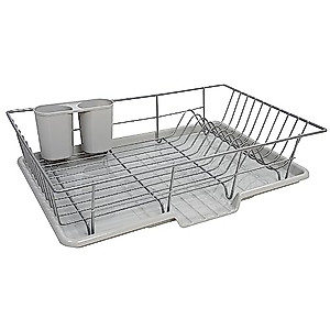 Sweet Home Collection Space-Saving 3-Piece Dish Drainer Rack Set: Efficient Kitchen Organizer for Quick Drying and Storage - Includes Cutlery Holder and Drainboard - Maximize Countertop Space, Silver