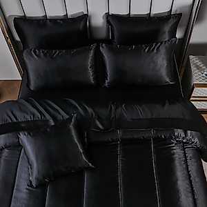 Black Silky Comforter Set Satin Queen Bed in a Bag 8 Pieces Luxury Hotel Silky Bedding with 1 Comforter, 1 Flat Sheet, 1 Fitted Sheet, 4 Pillowcases, 1 Cushion Cover (Queen, Black)