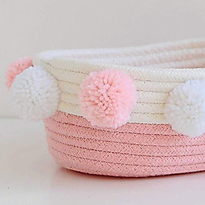 TBGFPO Cotton Rope Basket -Cotton Rope Basket Woven Small Storage Container Pompoms Decorative Basket Desk Shelf Organizer for Baby - Pink
