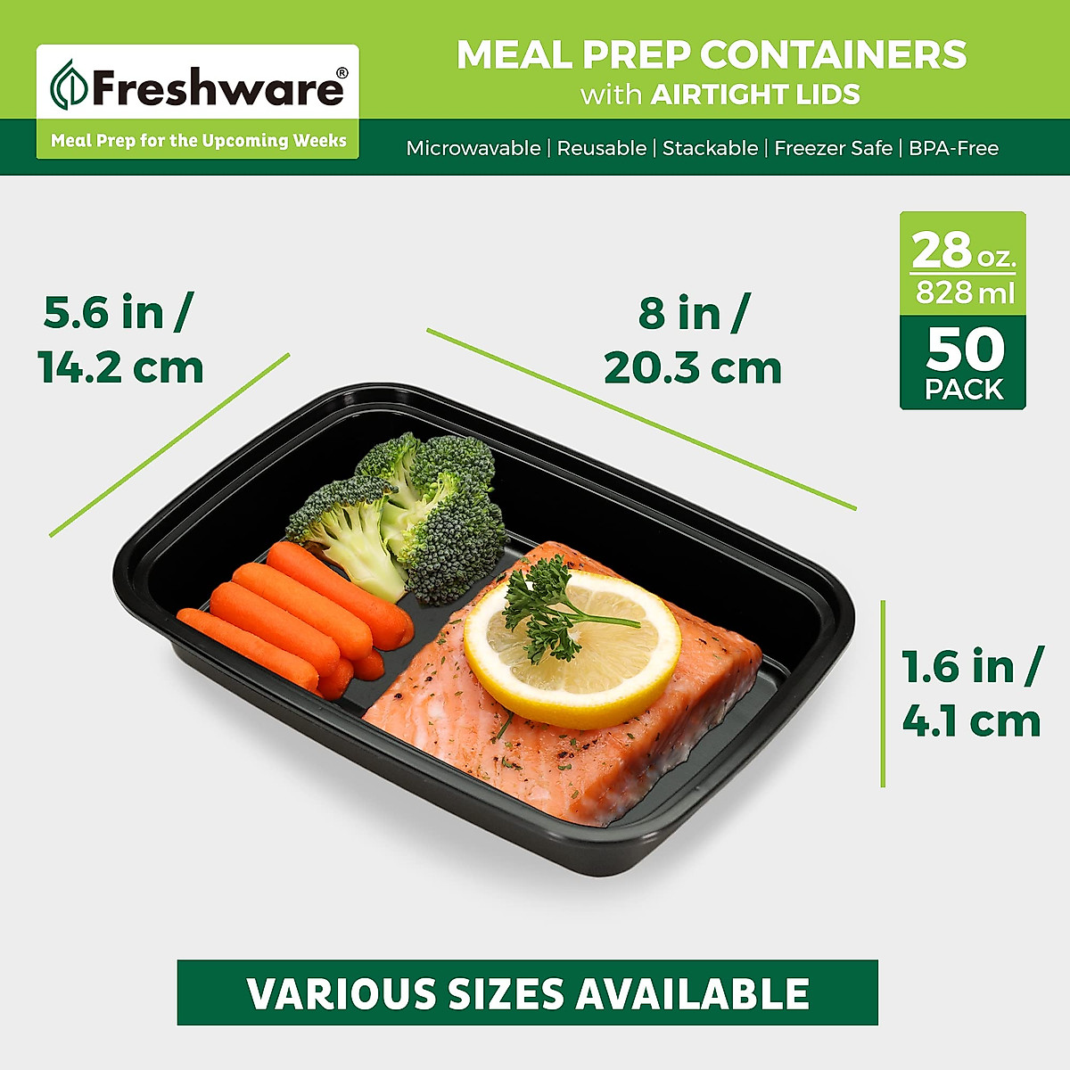 Freshware Meal Prep Containers [50 Pack] 1 Compartment with Lids, Food Storage Containers, Bento Box, BPA Free, Stackable, Microwave/Dishwasher/Freezer Safe (28 oz)