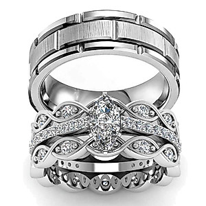 GY JEWELRY Two Rings His and Hers Wedding Ring Sets Couples Rings Women's 2PC White Gold Filled Cubic Zirconia Wedding Engagement Ring Bridal Sets & Men's Stainless Steel Wedding Band