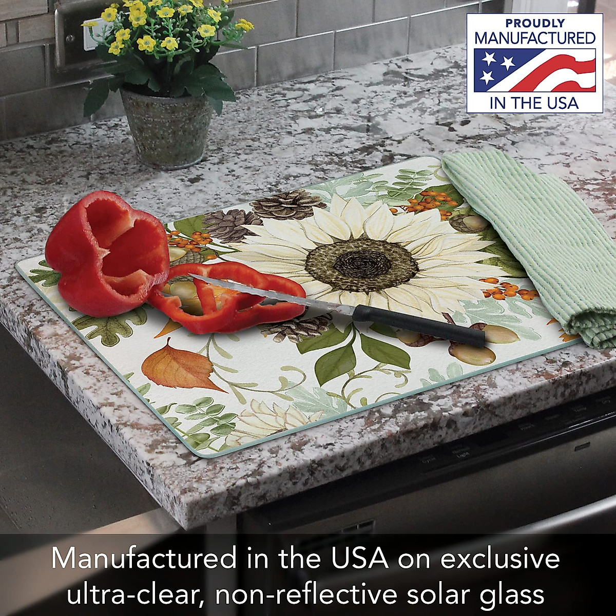 CounterArt Farmhouse Fall Decorative 3mm Heat Tolerant Tempered Glass Cutting Board 15" x 12" Manufactured in the USA Dishwasher Safe