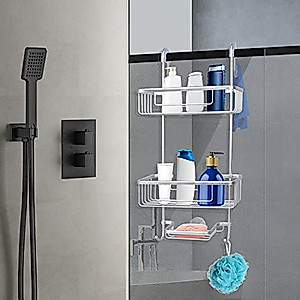 Duwee Over The Door Shower Caddy, NeverRust Aluminum Over the Shower Door Caddy, Hanging Shower Caddy for Shampoo Conditioner, 3 Tier Bathroom Shelf Organizer with Hooks for Razors Towels(Silver)