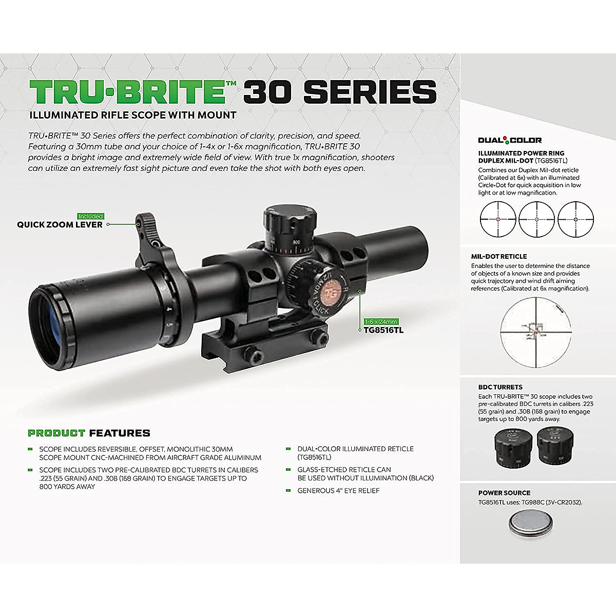 TruGlo TG8516TL Tru-Brite 1 to 6x Magnification 24 Millimeter Illuminated Power Ring Duplex Dot Riflescope with MIL DOT Reticle and Mount, Matte Black