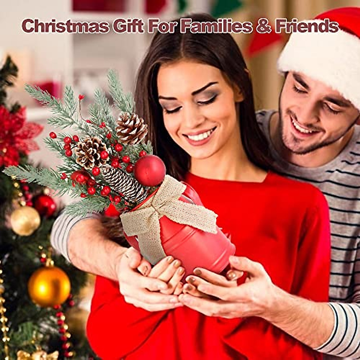 Qingbei Rina Artificial Christmas Centerpiece Decoration,Mini Red Christmas Tree Potted Plants,Holiday Table Fake Greenery with Christmas Ball, Pine, Berry for Home,Office, Window, Fireplace