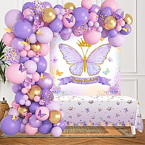Butterfly Birthday Decorations for Girls - 101PCS Pink Purple Party Decorations include Balloons, Butterfly Stickers, Tablecloth and Happy Birthday Backdrop for Girls Women Princess Party Supplies
