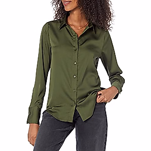 Amazon Essentials Women's Classic-Fit Satin Button Down Blouse (Available in Plus Size), Dark Olive, Medium