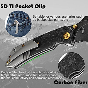 KANSEPT Fenrir Pocket Folding Knives for Men Women EDC Camping Folding Knives 3.48'' CPM-S35VN Blade with Shred Carbon Fiber Titanium Handle Everyday Carry K1034A1