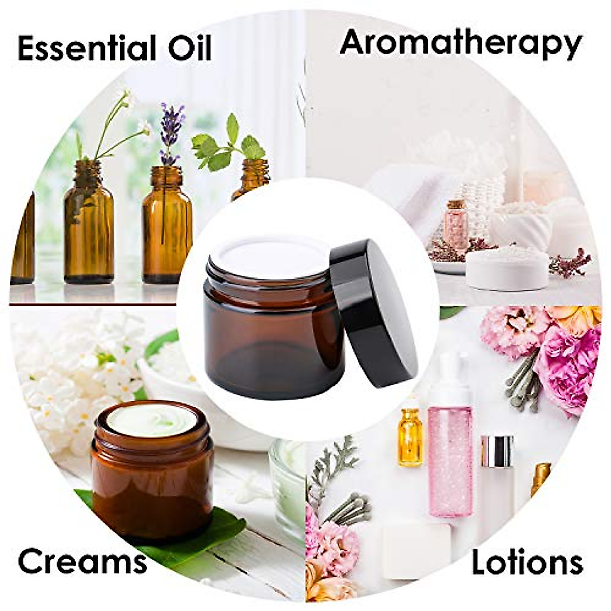 2 oz Round Glass Jars (12 Pack) - Empty Cosmetic Containers with Inner Liners, black Lids and Glass Sample Jars with lables (4 Each Transparent, Amber, Cobalt Blue) by THETIS Homes