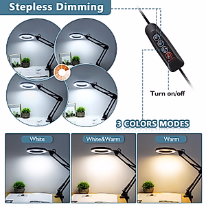 10X Magnifying Glass with Light and Clamp, Veemagni 3 Color Modes Stepless Dimmable Real Glass LED Lighted Magnifier, Adjustable Swing Arm Desk Lamp Hands Free for Close Works Crafts Repairing Sewing