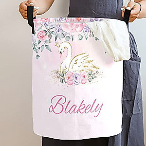 Swan Princess Pink Purple Personalized Foldable Freestanding Laundry Basket Clothes Hamper with Handle, Custom Collapsible Storage Bin for Toys Bathroom Laundry