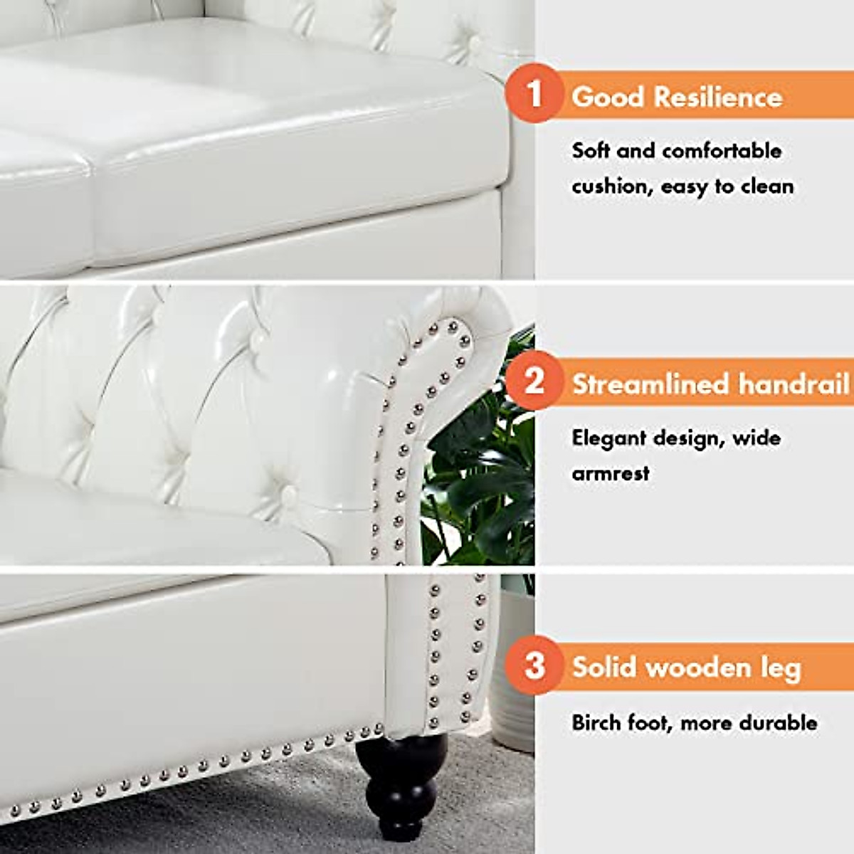 Wlvos 84" Leather Chesterfield Sofas for Living Room, Rolled Arm 3-Seater Large Couch Deep Button Nailhead Tufted Upholstered Couches for Bedroom, Office Apartment Easy to Assemble (Beige)