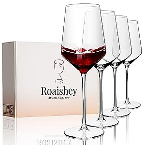 Roaishey Wine Glasses Set of 4 Red or White Wine Glasses Lead-Free Crystal Wine Glasses with Long Stem Hand Blown Bordeaux Glasses for Cabernet, Wedding, House Warming, Anniversary (15.5oz)