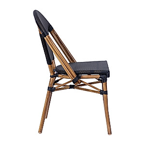 BizChair Set of 2 Indoor/Outdoor Commercial Bistro Stacking Chair, Black Textilene Back and Seat, Bamboo Print Aluminum Frame in Natural