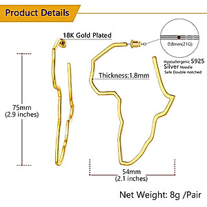 U7 African Map Earrings, 18K Gold Plated Lightweight Dangle Earrings with Silver Post Extra Large Statement Hip Hop Africa Shape Earrings for Women