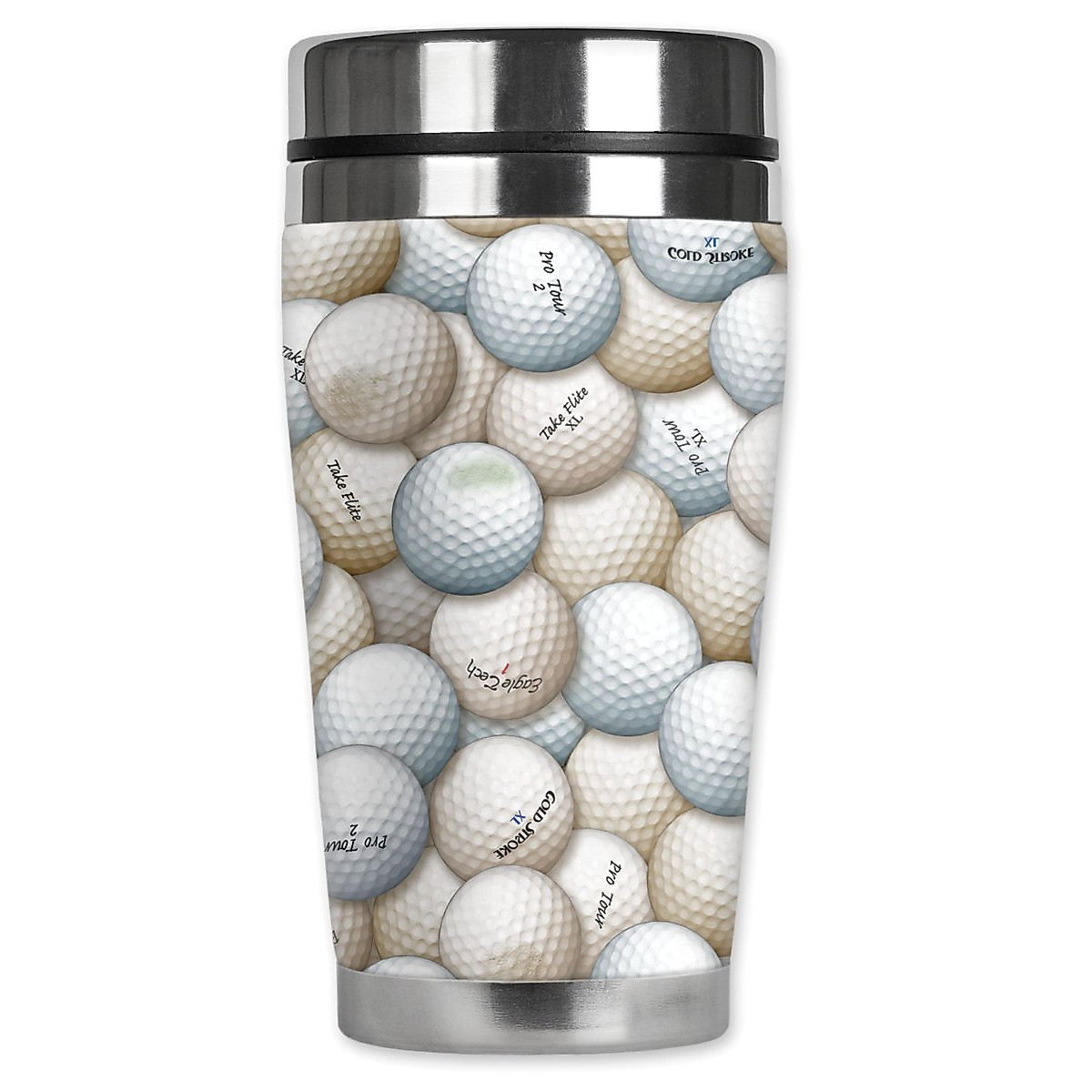 Mugzie Golf Balls Travel Mug with Insulated Wetsuit Cover, 16 oz, Black