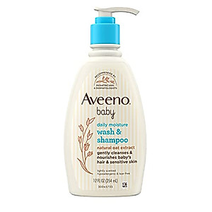 Aveeno Baby Daily Moisture Gentle Body Wash & Shampoo with Oat Extract, 2-in-1 Baby Bath Wash & Hair Shampoo, Tear- & Paraben-Free for Hair & Sensitive Skin, Lightly Scented, 12 fl. oz