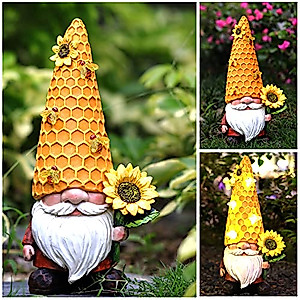 REYISO 12.3 inch Gnomes Garden Statue, Resin Sunflower Statues Gnome Figurine Solar Outdoor Decorations Art Sculpture for Patio Yard Lawn Garden Decor Lawn Ornaments Gnomes Gifts