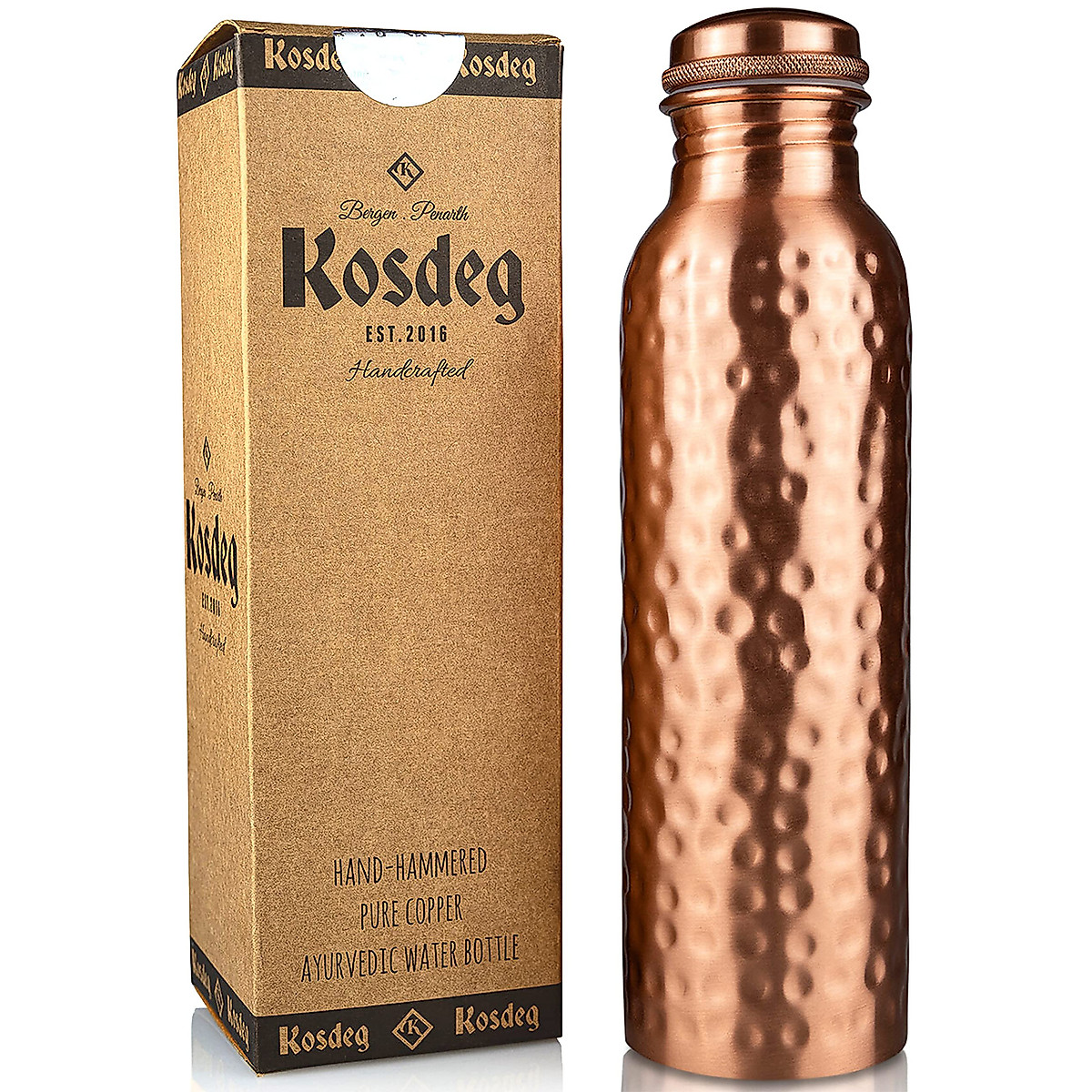 Kosdeg Copper Water Bottle - 34 Oz Extra Large - A Hammered Ayurvedic Pure Copper Vessel For Drinking - Drink More Water, Lower Your Sugar Intake And Enjoy The Health Benefits Immediately