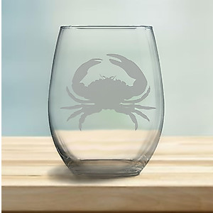 Coastal Crab Etched Stemless Wine Glasses - Set of 2/4/6/8-20.5oz Glassware (Set of Four (4))