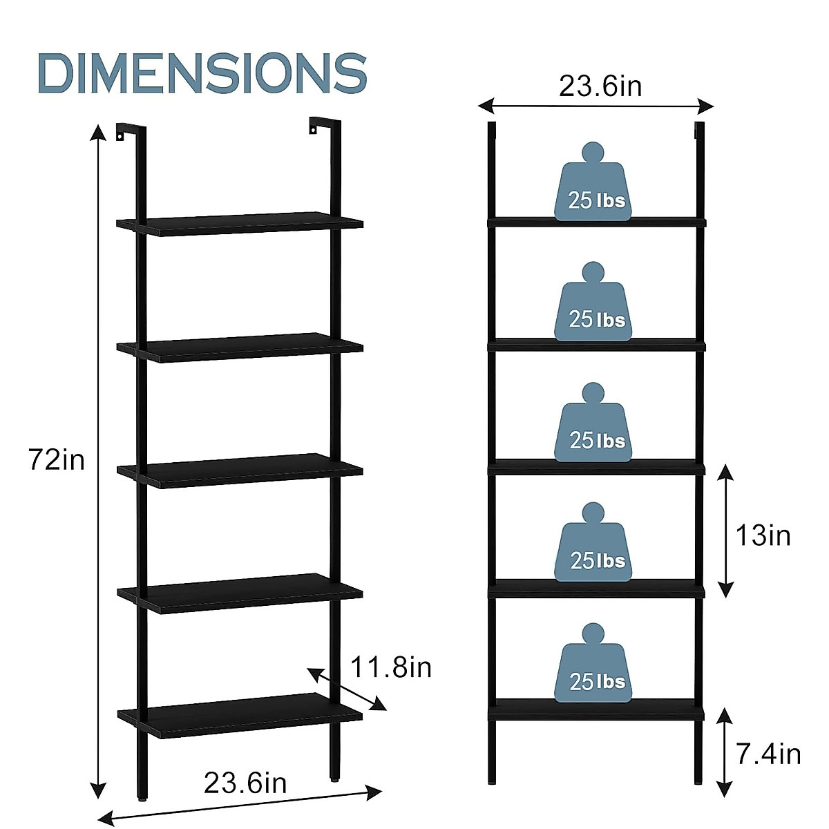 aboxoo Ladder Shelf 2PCS Open Bookshelf 5-Tier Wood Wall-Mounted Black Bookcase Storage Rack Open Industrial Modern Plant Stand Utility Organizer Bookcase Metal Frame Furniture Office Kitchen Bedroom