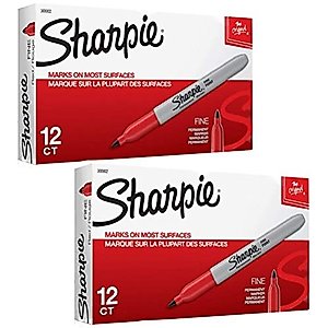 Sharpie 30002 Fine Point Permanent Marker, Marks On Paper and Plastic, Resist Fading and Water, AP Certified, Red Color, Pack Of 2 Boxes Of 12 Markers