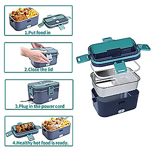 SYFTANT1MU Electric Lunch Box- 110V/12V/24V Portable Food Heater for Car/Office/School, 1.8L Stainless Steel Removable Container, Spoon and Carry Bag,60W Lunch Box
