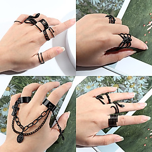 FIBO STEEL 18PCS Gothic Punk Chain Finger Rings for Women Men Y2K Black Stackable Rings Snake Chain Rings Open Adjustable Knuckle Emo Rings Punk Gothic Jewelry