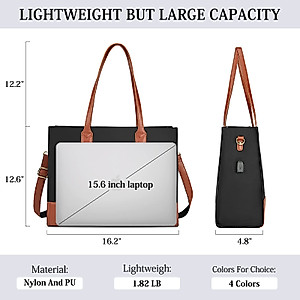 NUBILY Women's Large Black Tote Laptop Bag, 15.6 Inch USB Charging Port, Waterproof Nylon Shoulder Bag