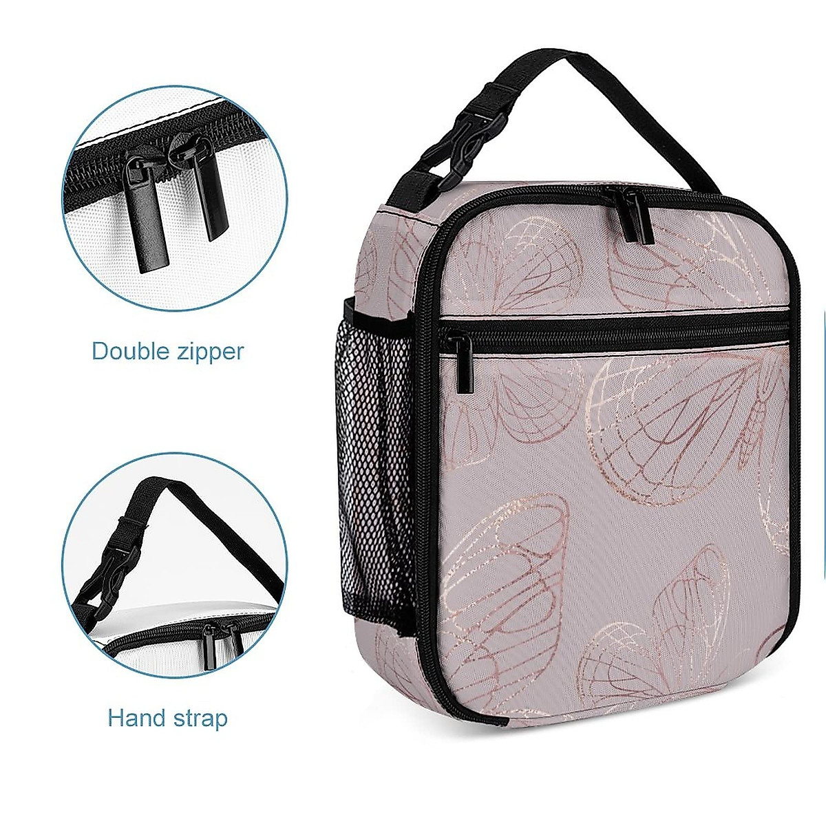 LynaRei Insulated Lunch Box Butterfly Rose Gold Portable Lunch Bag Reusable Small Cooler Lunchbox for Men Women Picnic Travel