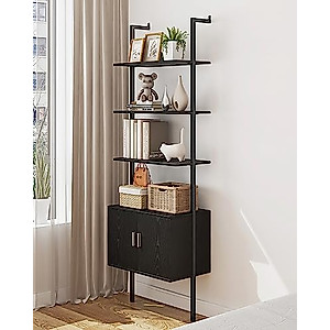Yusong 73" Tall Bookshelf with Cabinet, Industrial Ladder Wall Mount Shelf Bookcase with Wood and Metal Frame, Plant Shelf Wall Storage Display for Living Room Bedroom, Black Wood Grain