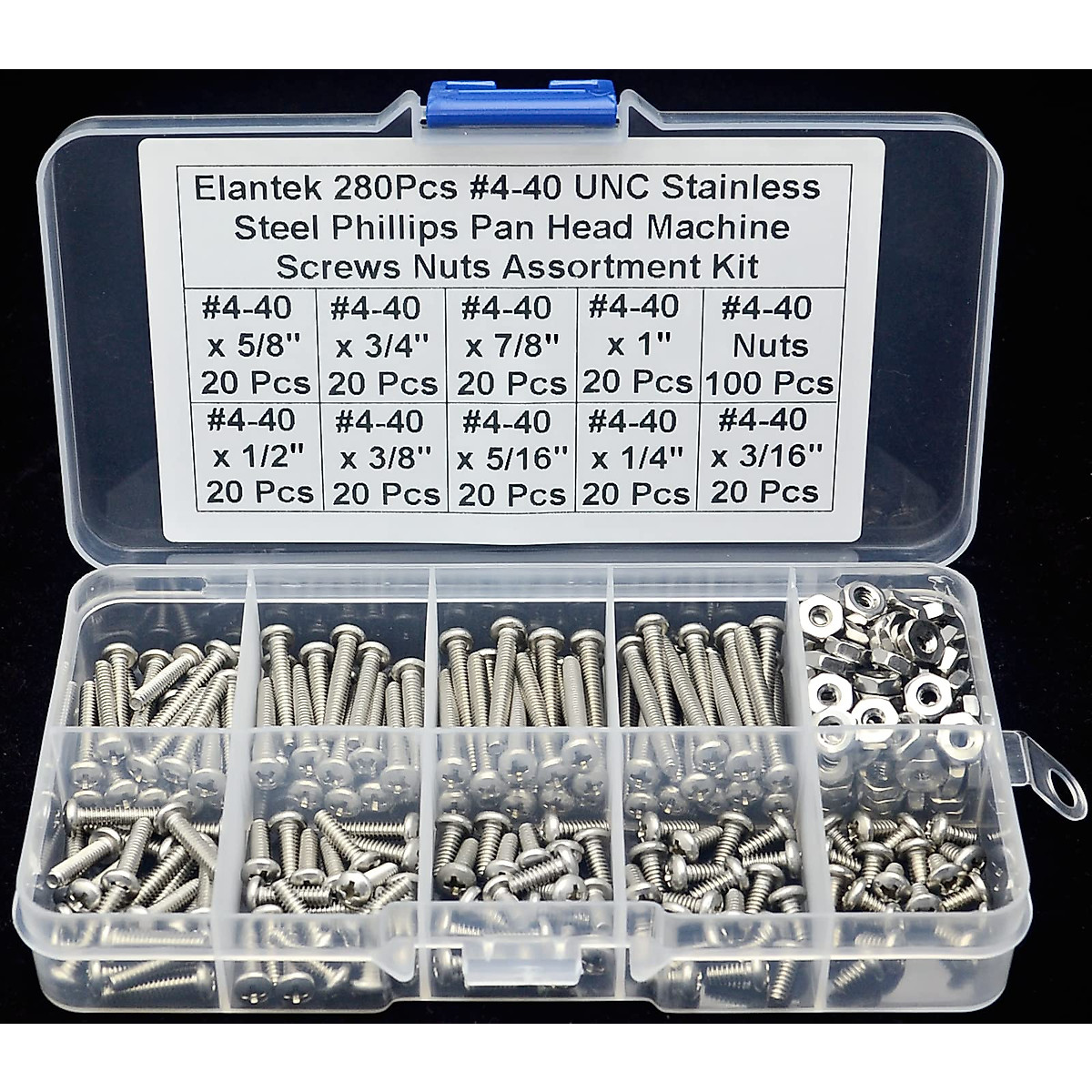 Elantek #4-40 UNC 304-Stainless Steel Phillips Pan Head Machine Screws Nuts Assortment Kit