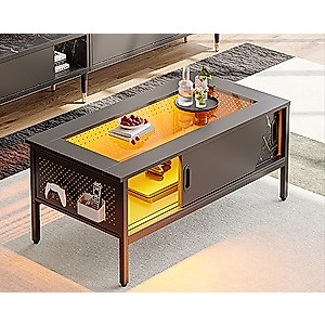Bestier 42 Inch LED Coffee Table with Storage Glass Coffee Tables for Living Room with Sliding Doors, Black Living Room Center Table