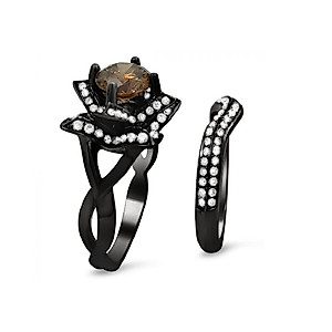 Beautiful 2Ct Round Cut Created Chocolate Diamond 925 Sterling Silver Lotus Flower Engagement Ring Set 14k Black Gold Plated For Women's