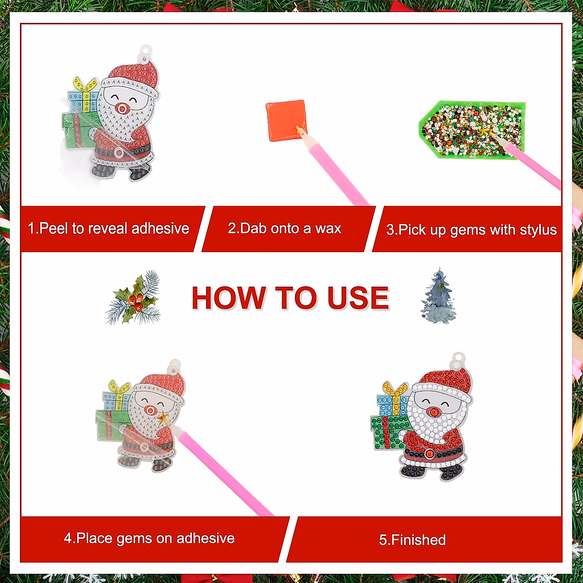 Nardoll Christmas Crafts for Kids - 12 Pieces Christmas Diamond Art Keychains - Make Your Own Diamond Art Christmas Ornaments Decor - 5D DIY Xmas Diamond GEM Arts and Crafts for Girls Ages 4-8 8-12