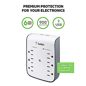 Belkin 6-Outlet Wall Surge Protector w/ 2 USB Ports - Wall Mountable w/ Premium Protection Against Surges - Safe Charge for Mobile Devices, Tablets, Small Appliances, & More - 900 Joules of Protection