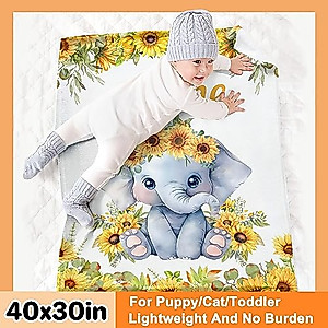 Personalized Baby Blanket Gifts for Girls Boys-Super Soft Comfy Flannel Throw Custom Name Sunflower Elephant Newborns Gift Cozy Nursery Toddler Fleece Blankets for Birthday Bed Sofa-30''x40''