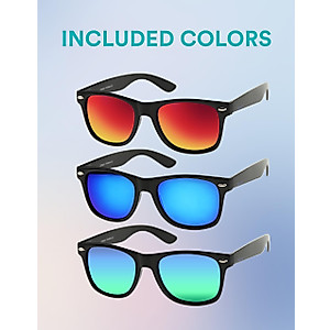 zeroUV - Classic Colored Mirror Lens Square Horn Rimmed Sunglasses for Men Women (3 Pack Polarized | Blue + Green + Red)