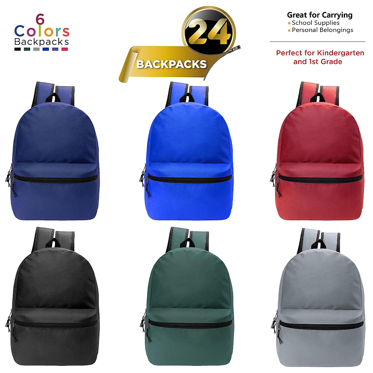 Moda West Wholesale Classic 15 Inch Basic Backpack in 12 Assorted Colors - Bulk Case of 24 Bookbags
