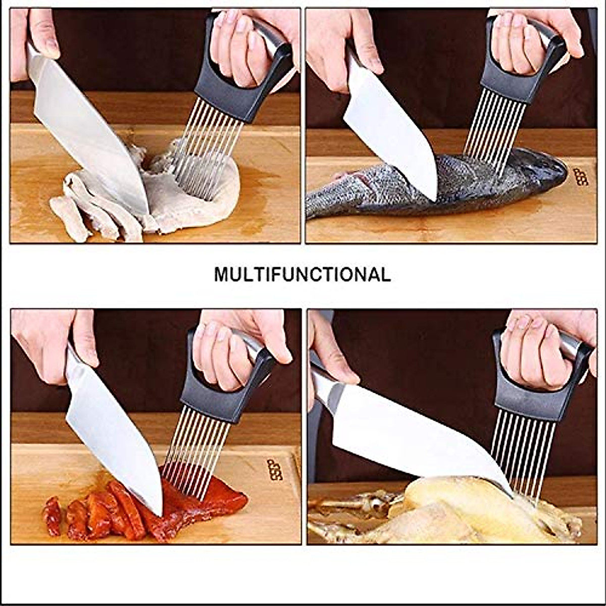 Onion Slicer Food Slice Assistant - Stainless Steel Onion Holder for Slicing - Vegetable Potato Cutter Slicer, Onion Cutting Tool,Kitchen Gadget Onion Peeler Slicing Tool(Black)