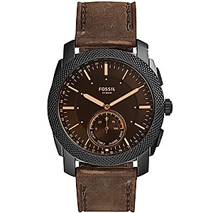 Fossil Men's 45mm Machine Stainless Steel and Leather Hybrid Smart Watch, Color: Black, Brown (Model: FTW1163)