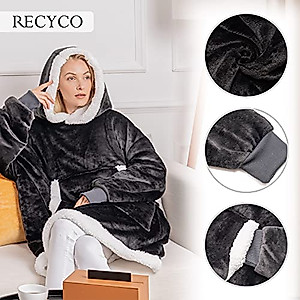 RECYCO Oversized Wearable Blanket Hoodie for Women, Warm Cozy Soft Sherpa Fleece Hoodie Blanket for Men Adults, Thick Big Hooded Sweatshirt Blanket Black, Large Size