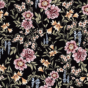 Texco Inc Venezia Poly Spandex Medium Floral Pattern/4-Way Stretch Prints Fabric/DIY Projects, Black Mauve 2 Yards