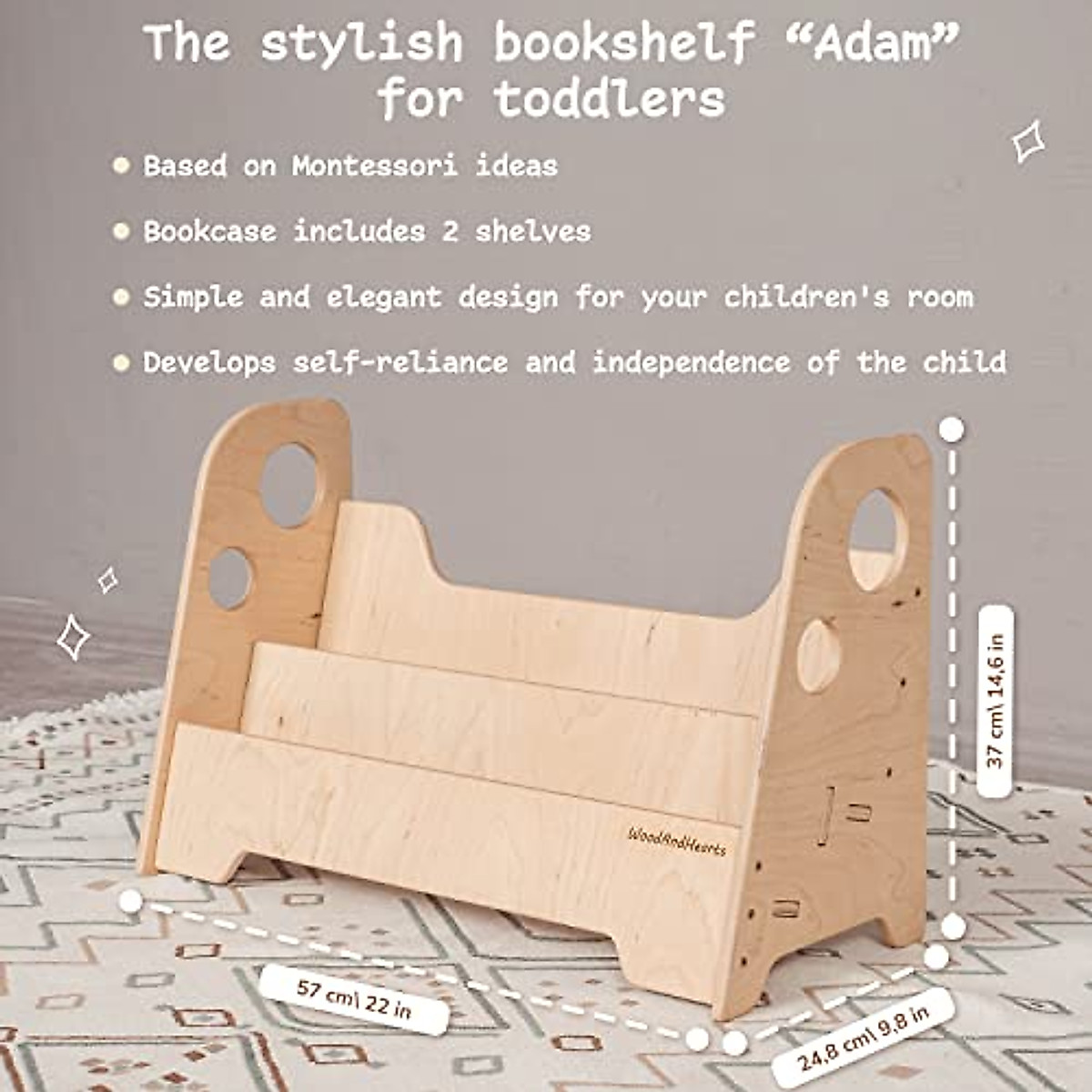 Woodandhearts Montessori bookcase - Wooden bookshelf for toddlers - Floor bookshelf for modern kids - Front facing bookshelf (Adam)