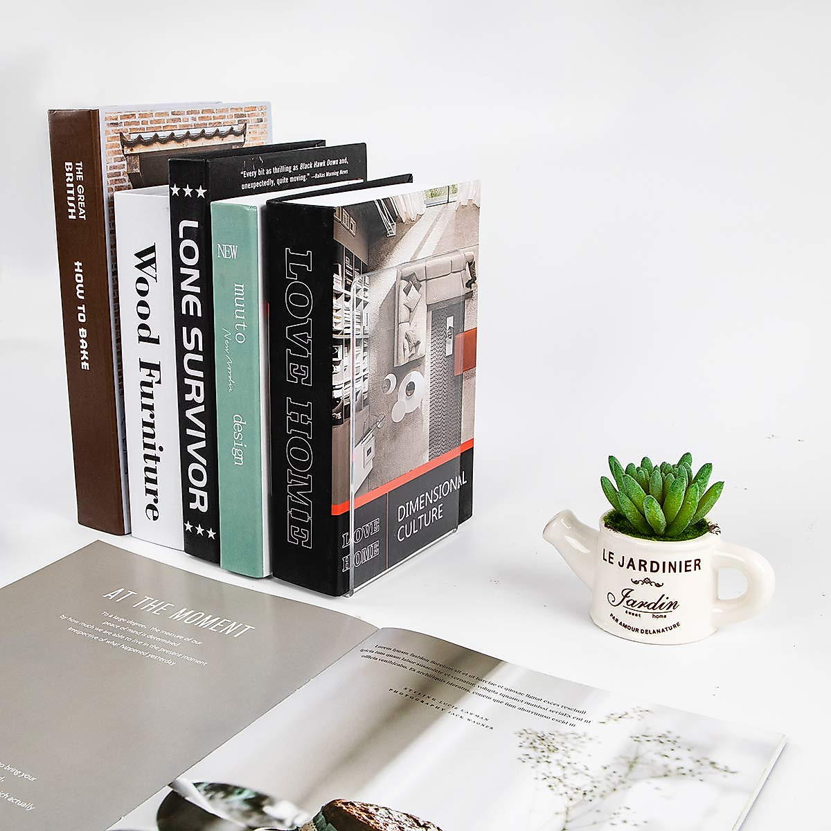 Jekkis 8pcs Clear Bookends Acrylic Book Ends for Shelves Heavy Duty Bookends Plastic Bookends for Home Office Library , Book Stopper, Desktop Organizer, 7.3” x 4.8” x 4.8”