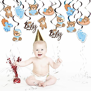 21Pcs Blue Bear Baby Shower Party Hanging Swirls Decorations,We Can Bearly Wait Baby Boy Bear Party Supplies Hanging Decor Streamers Birthday Party Favors Decorations for Boys