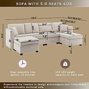 BEARMANOUTDOOR Modular Sectional Couch Sofa,Convertible L-Shaped U-Shaped Couch with Storage, Adjustable Backrest,High Supportive,6-Seat Sofa with Chaise, Living Room (Beige)