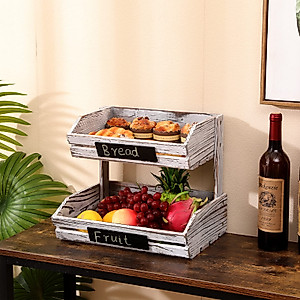 HYLEHE Fruit Basket Holder Vegetable Stand Bread Racks,2 Tier Farmhouse Standing Wooden Organizer,Classic Pastoral Food Basket for Kitchen,Office,Dining Room and Guest Room (Need Assemble)