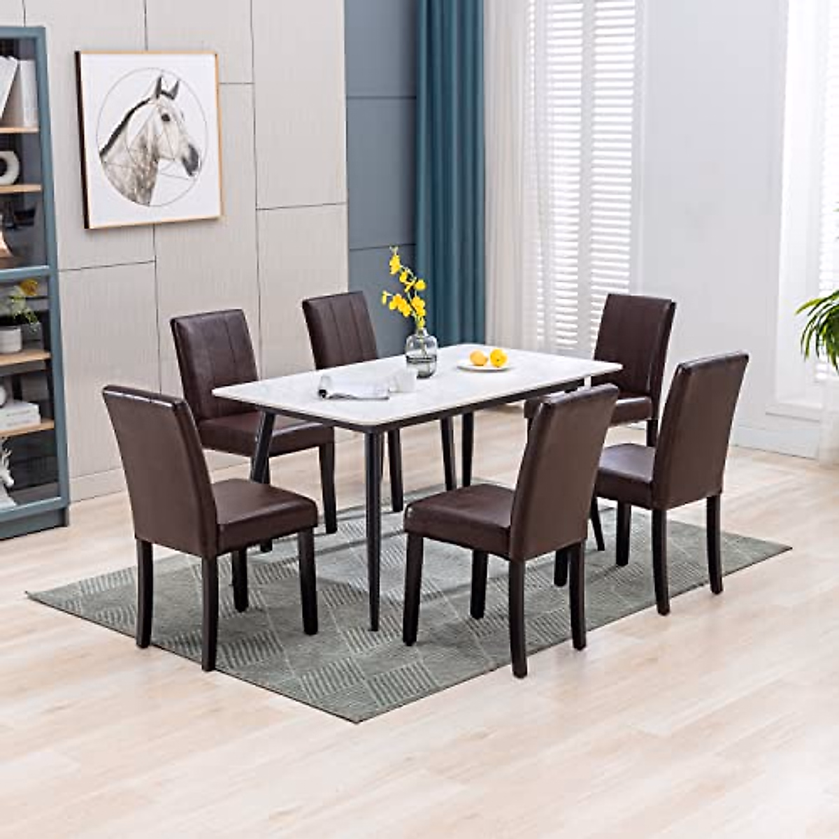 CRECQ Upholstered Dining Chairs Set of 2 PU Leather Living Room & Dining Room Chairs,Modern Kitchen Armless Side Parsons Chair with Solid Wood Legs,Brown