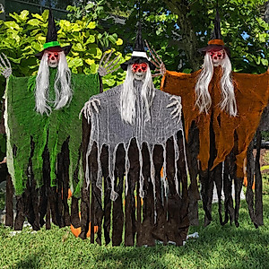 Halloween Hanging Decorations Outdoor - 3 Pack 41" Halloween Hanging Ghost Skeleton with Wizard Hat with Glowing Eyes for Halloween Porch Yard Garden Tree Outside Decorations